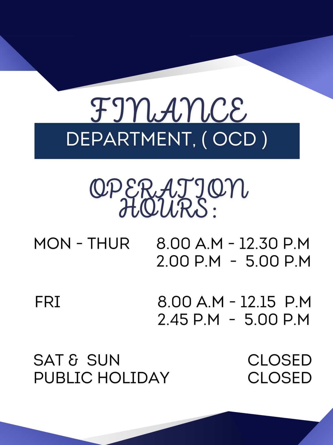 FINANCE DEPARTMENT 2025 – OFFICE OF KUANTAN CAMPUS DIRECTOR