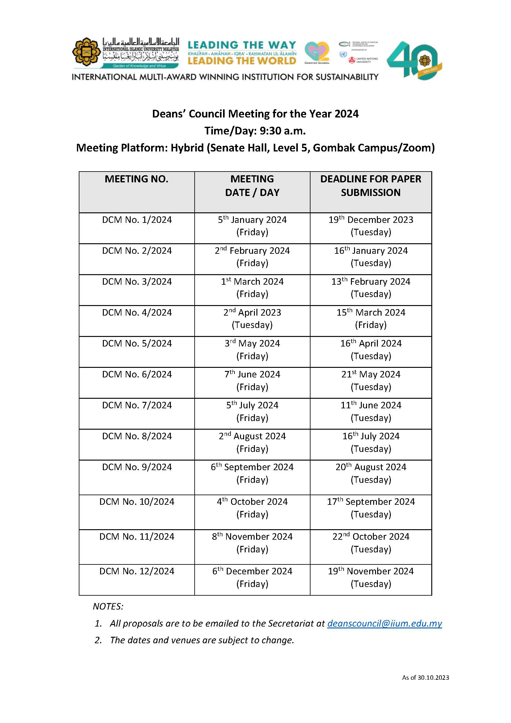 Deans’ Council Meeting – Office of the Deputy Rector